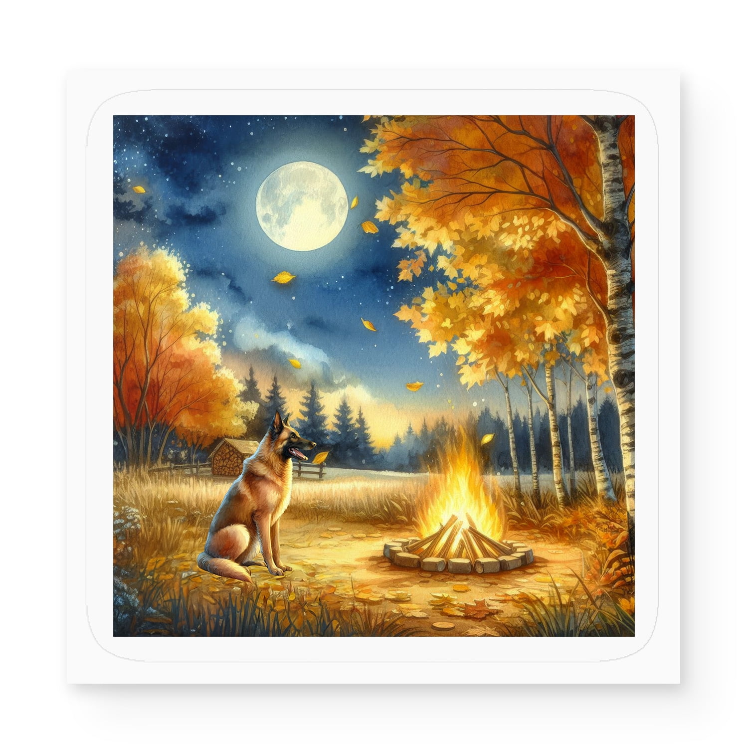 Hello Fall Belgian Malinois Enjoys Warm Campfire Autumn Night Bright Moon Vinyl Sticker Sheepdog ...
