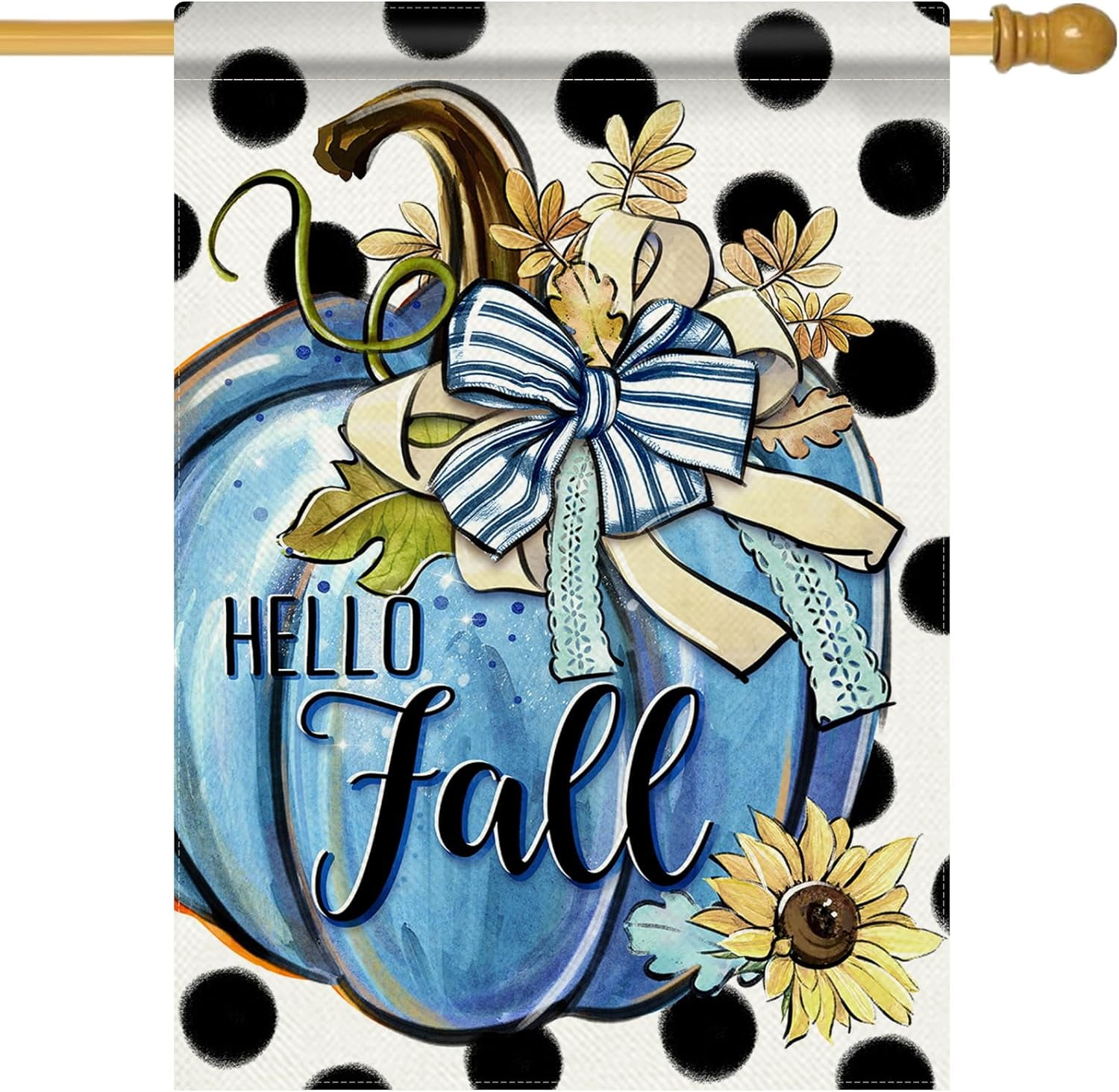 Hello Fall Blue Pumpkin Decorative House Flag, Autumn Sunflower Polka ...