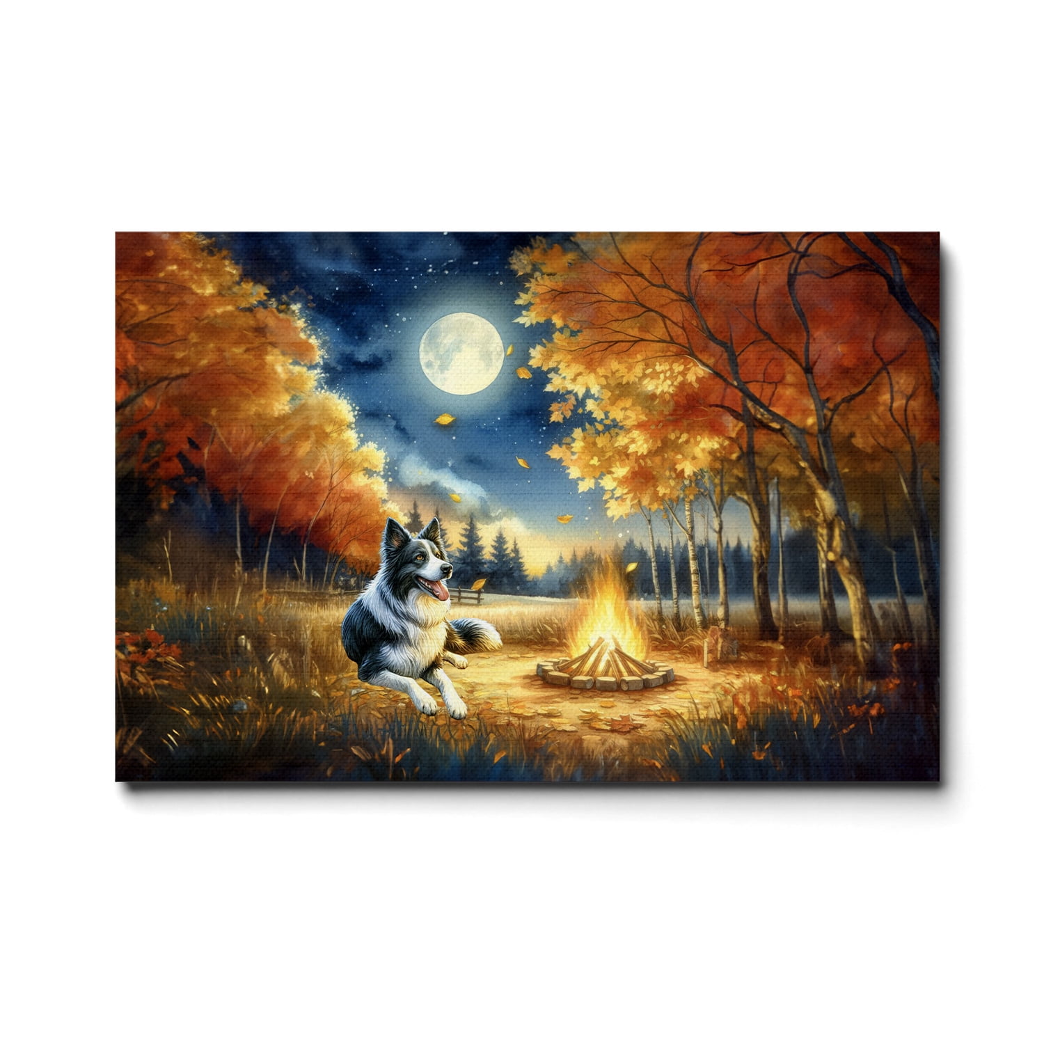 Hello Fall Border Collie Enjoys Warm Campfire Autumn Night Bright Moon ...