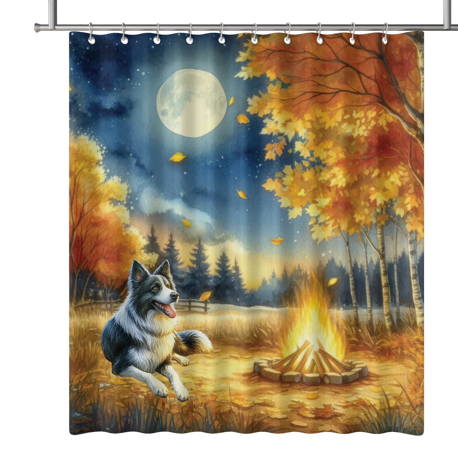 Hello Fall Border Collie Enjoys Warm Campfire Autumn Night Bright Moon ...