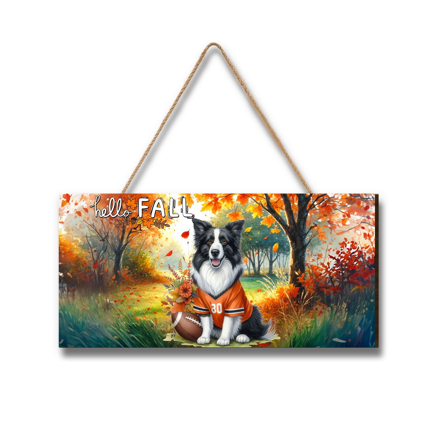Hello Fall Border Collie Football Welcome Autumn with Leaves Pumpkins ...