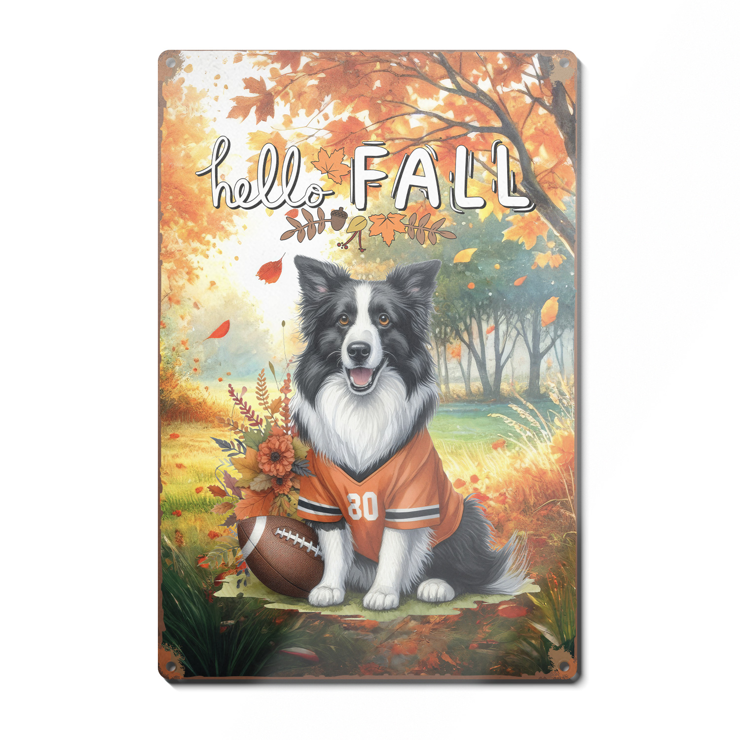Hello Fall Border Collie Football Welcome Autumn with Leaves Pumpkins ...