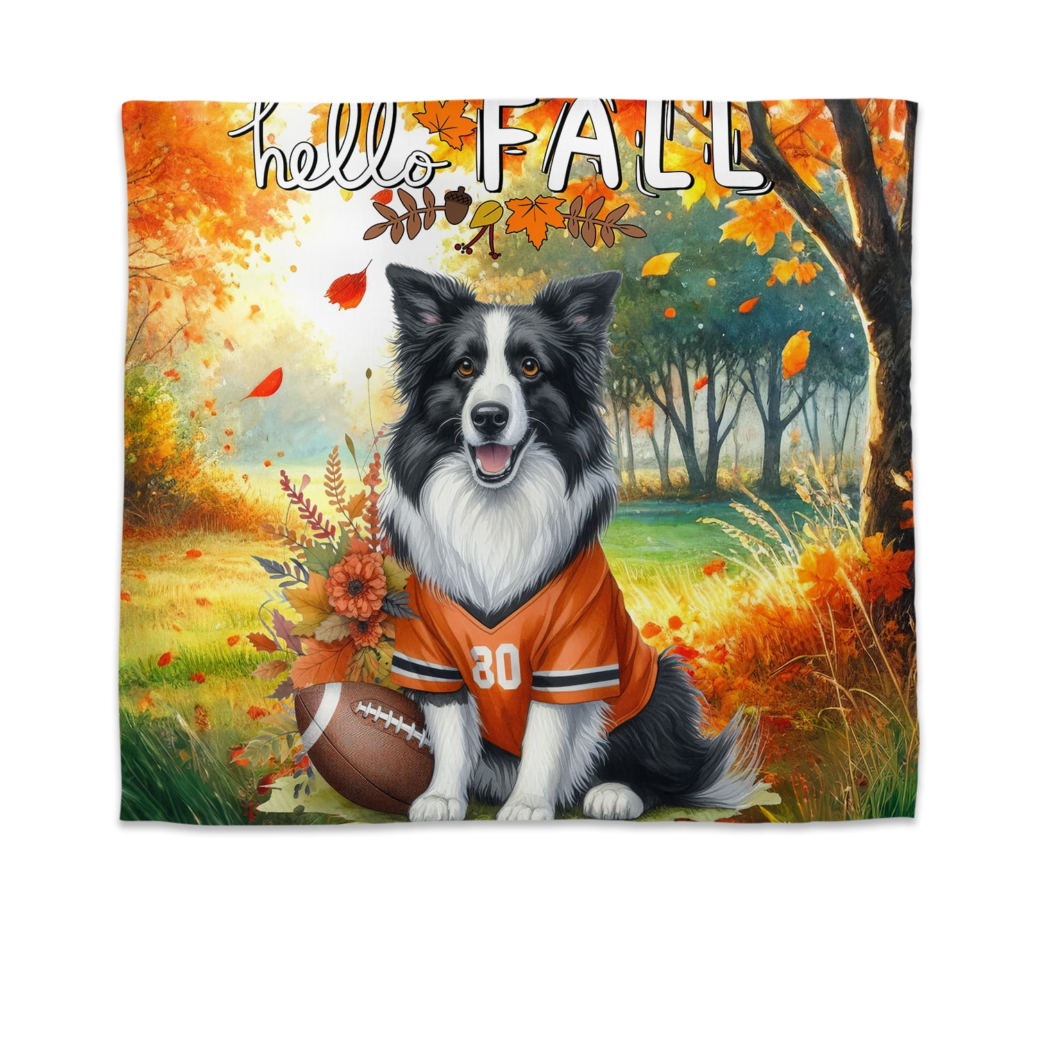 Hello Fall Border Collie Football Welcome Autumn with Leaves Pumpkins ...