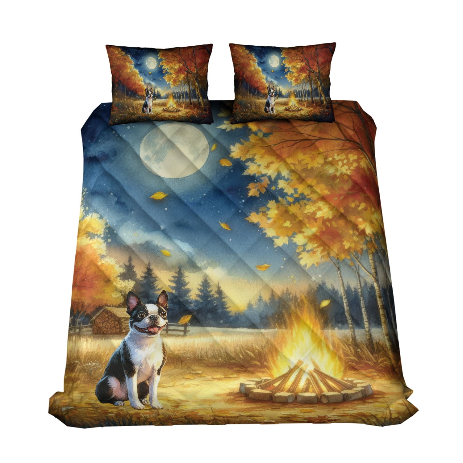 Hello Fall Boston Terrier Enjoys Warm Campfire Autumn Night Bright Moon ...