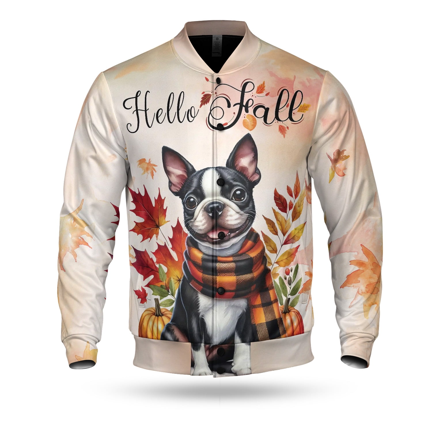 Hello Fall Boston Terrier Scarf Welcome Autumn with Leaves Pumpkins All ...