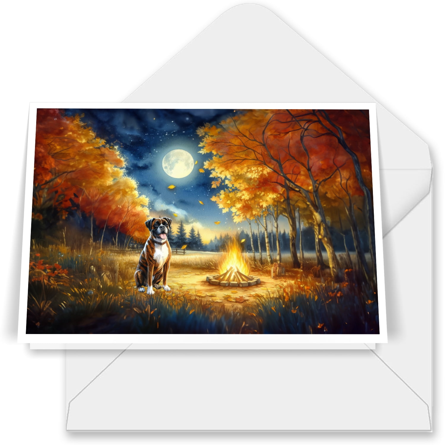 Hello Fall Boxer Enjoys Warm Campfire Autumn Night Bright Moon 7x5in ...