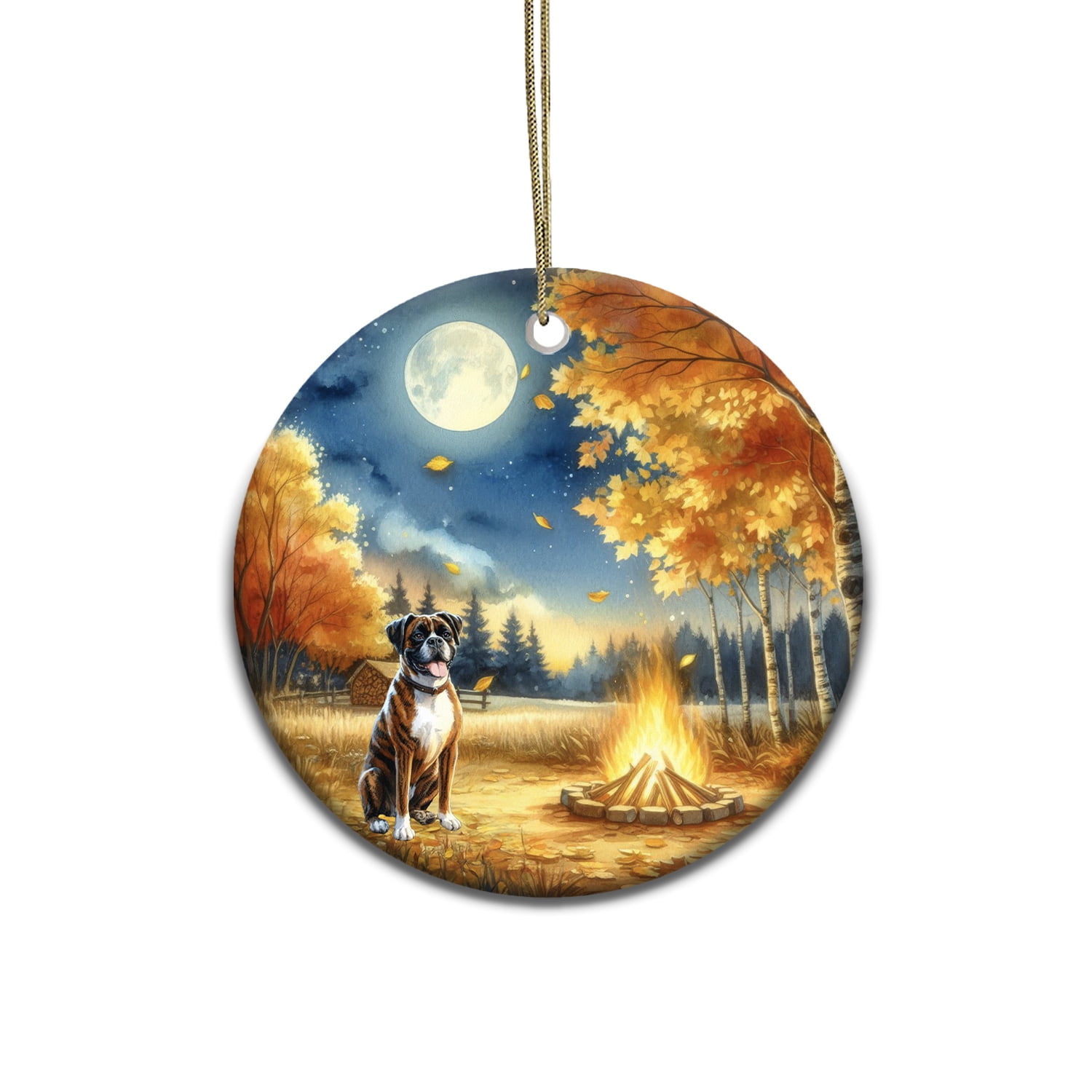 Hello Fall Boxer Enjoys Warm Campfire Autumn Night Bright Moon Ceramic ...