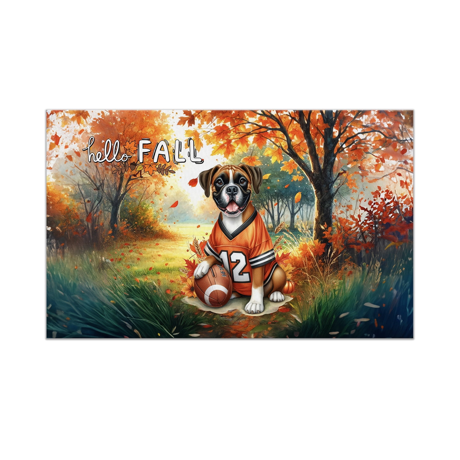 Hello Fall Boxer Football Welcome Autumn with Leaves Pumpkins Doormat ...