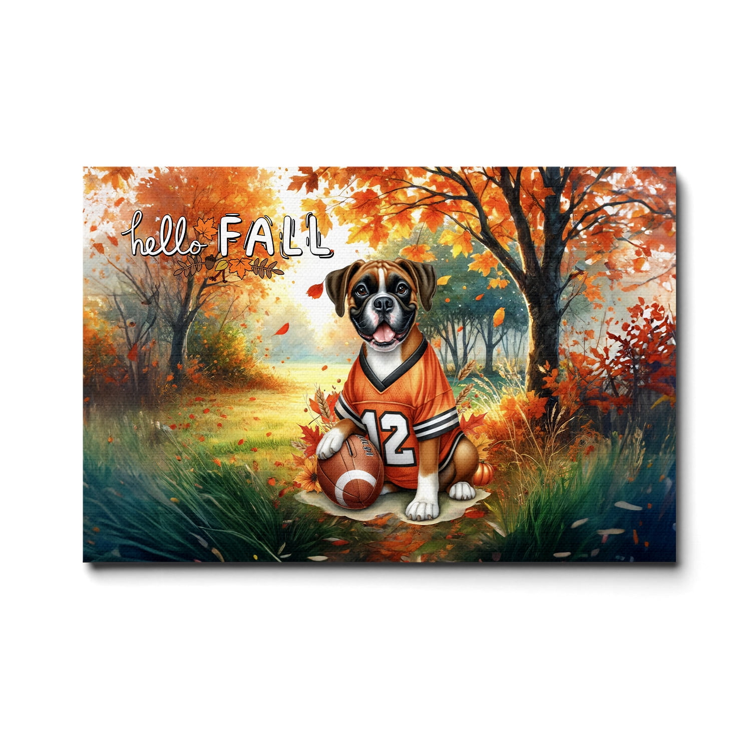 Hello Fall Boxer Football Welcome Autumn with Leaves Pumpkins Horizontal Matte Canvas Poster ...