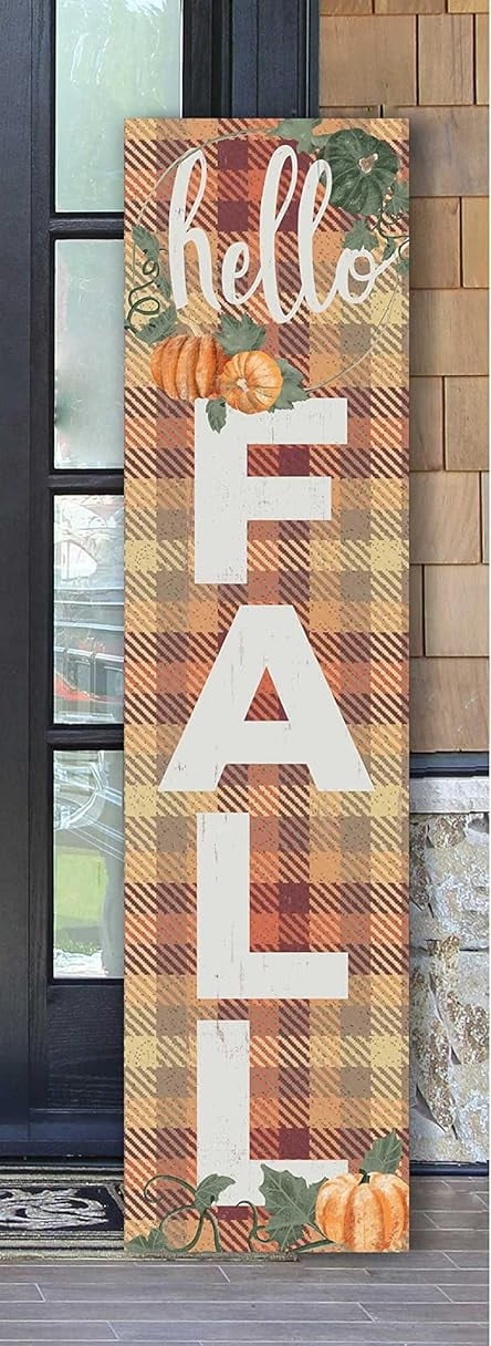 Hello Fall Buffalo Check and Pumpkin Porch Leaner Sign Decor Wooden ...