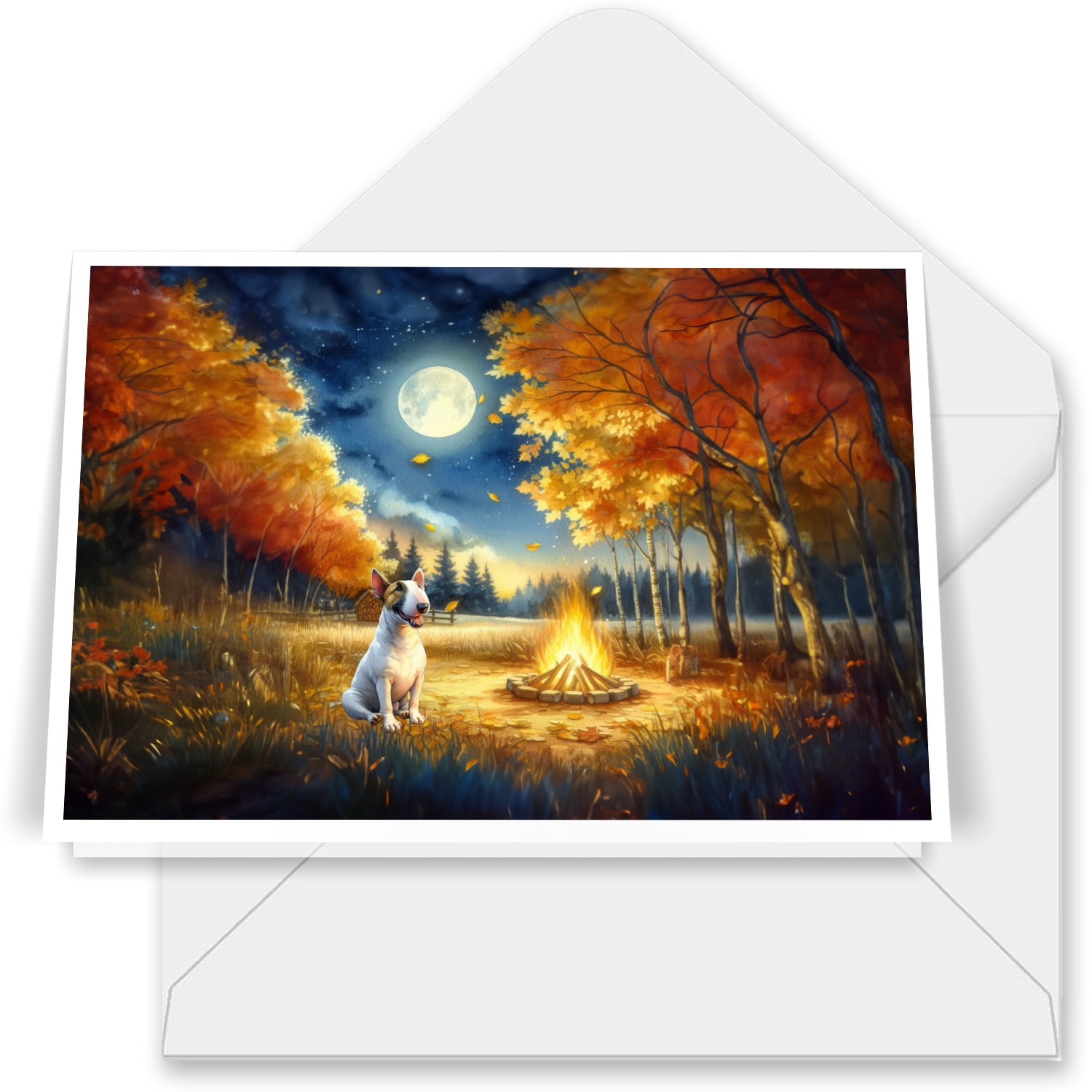 Hello Fall Bull Terrier Enjoys Warm Campfire Autumn Night Bright Moon ...