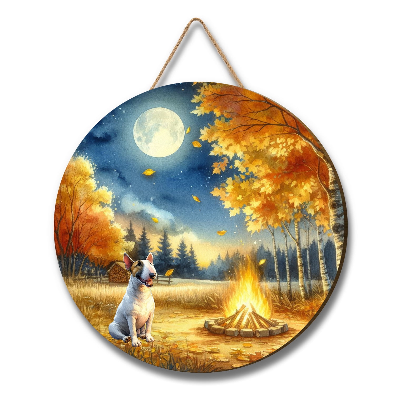 Hello Fall Bull Terrier Enjoys Warm Campfire Autumn Night Bright Moon ...
