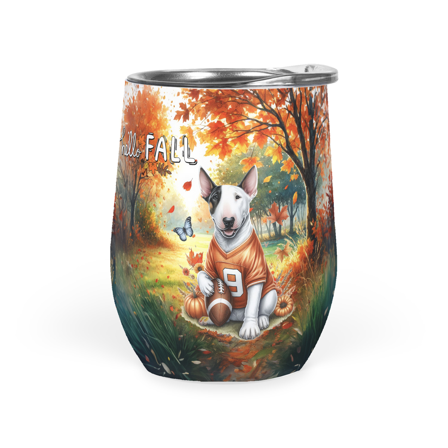 Hello Fall Bull Terrier Football Welcome Autumn with Leaves Pumpkins ...