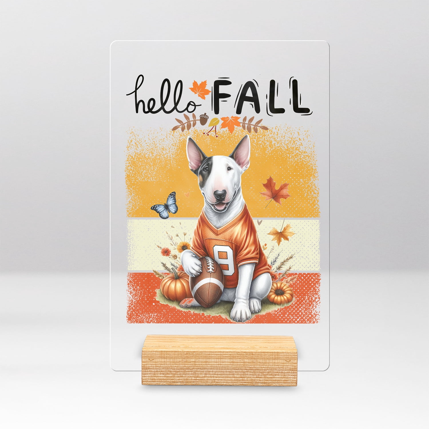 Hello Fall Bull Terrier Football Welcome Autumn with Leaves Pumpkins ...