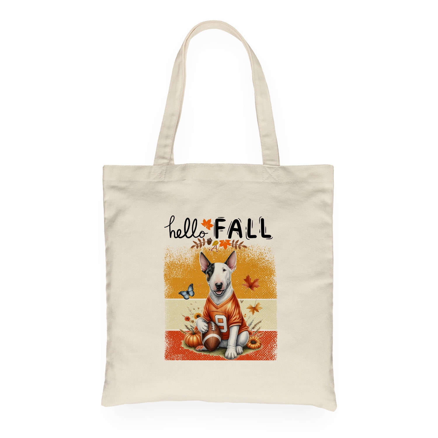 Hello Fall Bull Terrier Football Welcome Autumn with Leaves Pumpkins ...