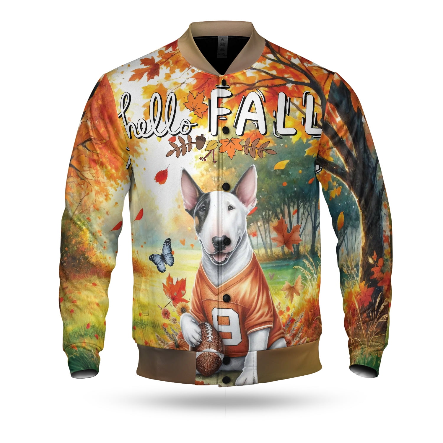 Hello Fall Bull Terrier Football Welcome Autumn with Leaves Pumpkins ...