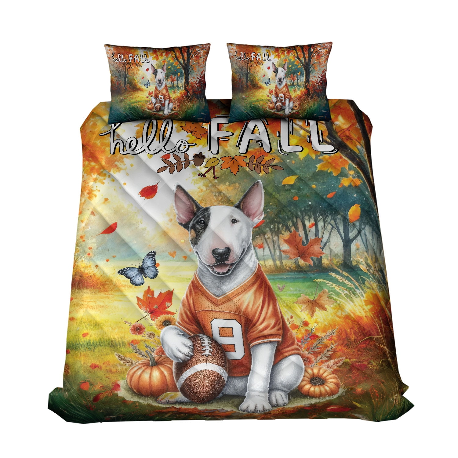 Hello Fall Bull Terrier Football Welcome Autumn with Leaves Pumpkins ...