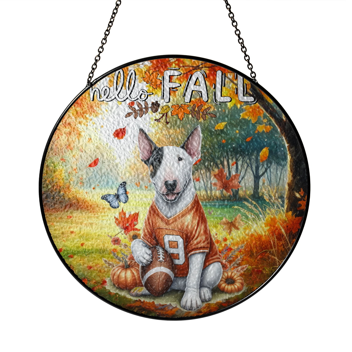 Hello Fall Bull Terrier Football Welcome Autumn with Leaves Pumpkins ...
