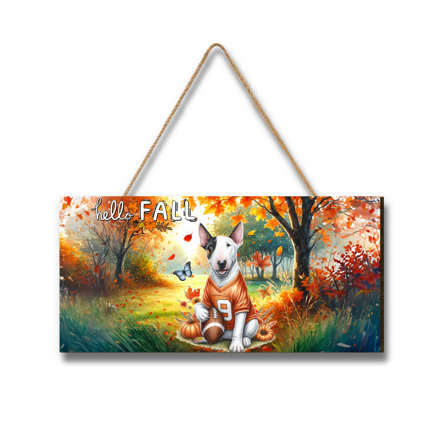 Hello Fall Bull Terrier Football Welcome Autumn with Leaves Pumpkins ...