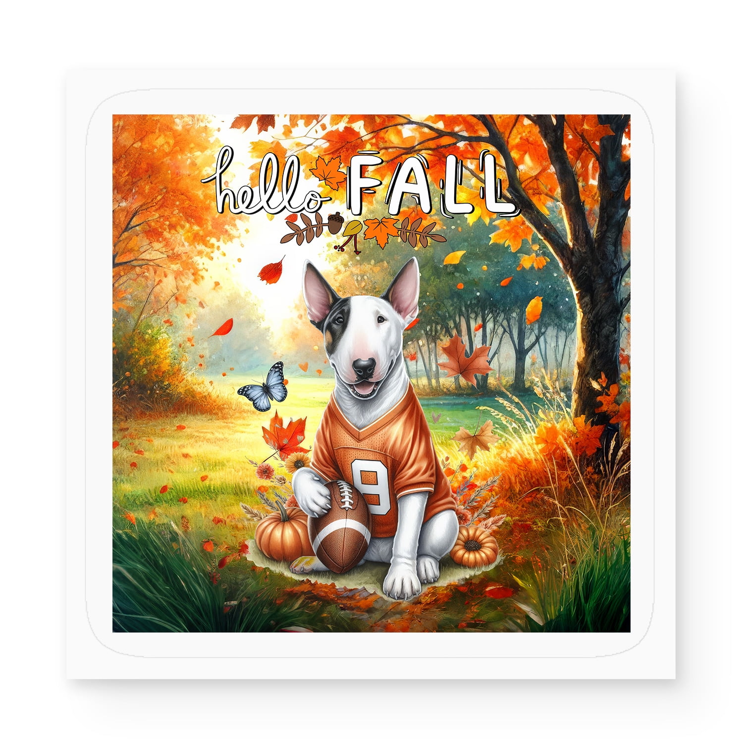 Hello Fall Bull Terrier Football Welcome Autumn with Leaves Pumpkins ...