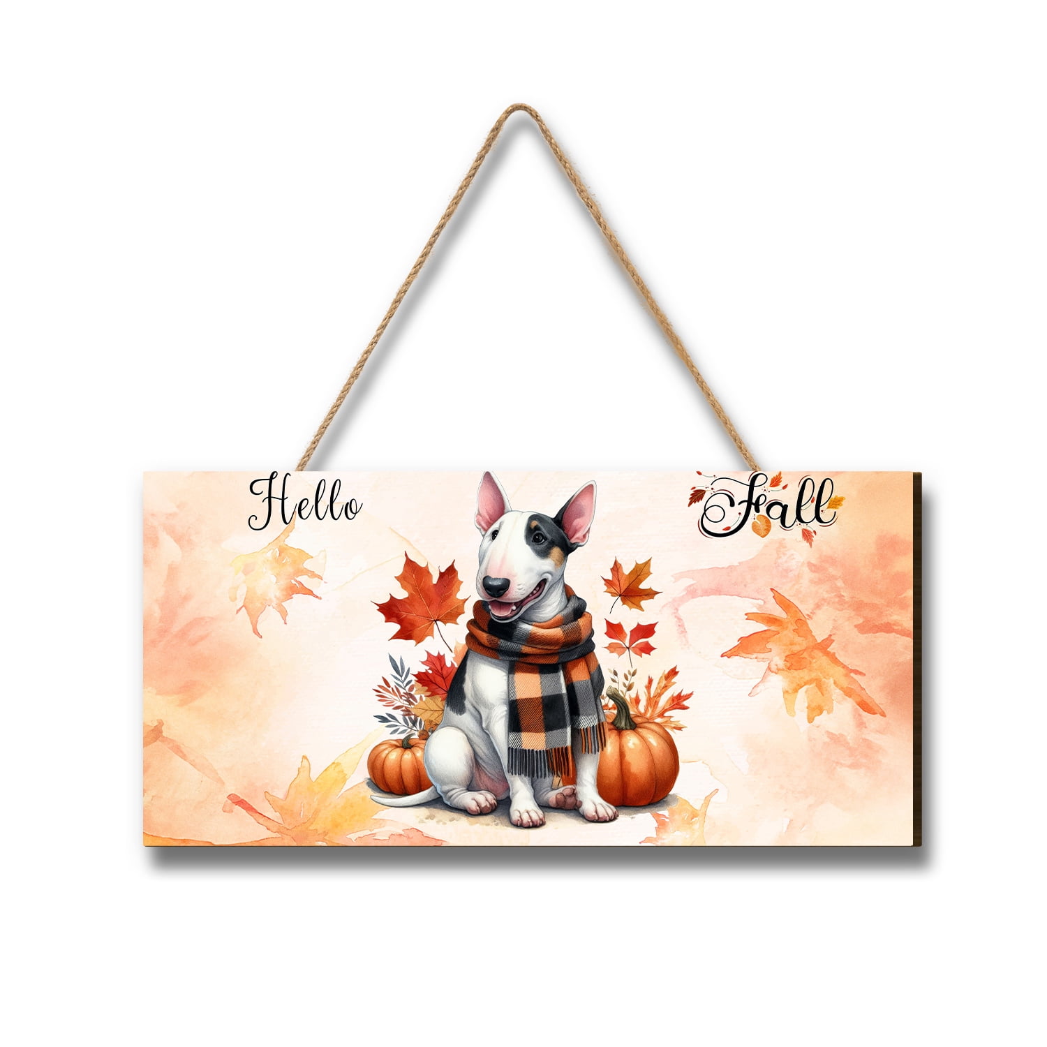 Hello Fall Bull Terrier Scarf Welcome Autumn with Leaves Pumpkins ...
