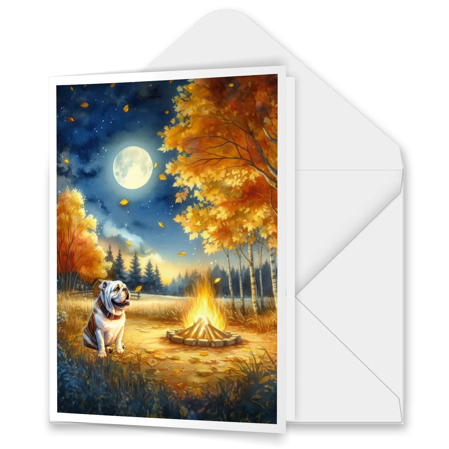 Hello Fall Bulldog Enjoys Warm Campfire Autumn Night Bright Moon 5x7in ...