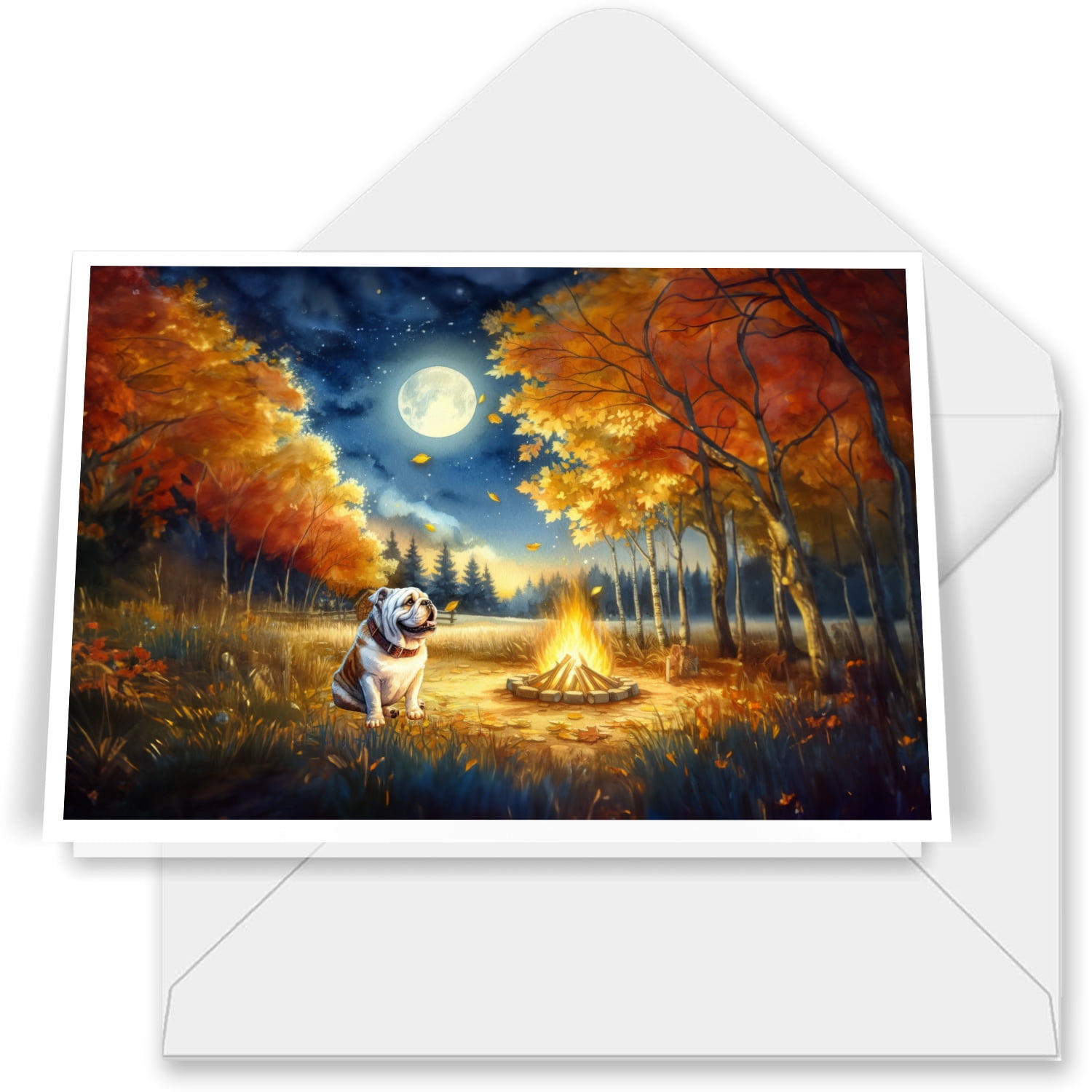 Hello Fall Bulldog Enjoys Warm Campfire Autumn Night Bright Moon 7x5in ...