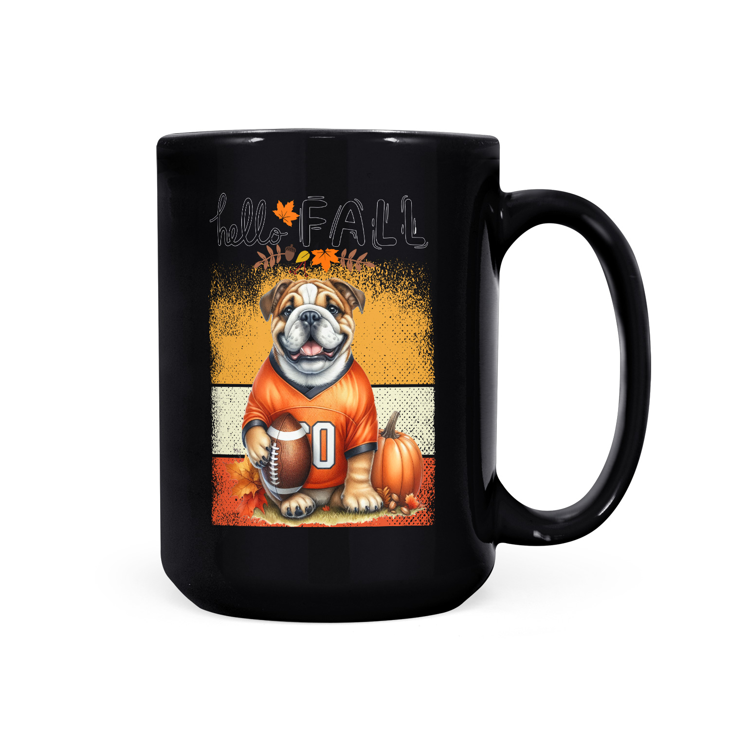 Hello Fall Bulldog Football Welcome Autumn with Leaves Pumpkins Mug Dog ...