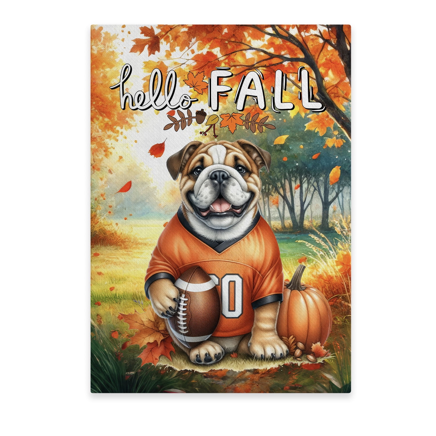 Hello Fall Bulldog Football Welcome Autumn with Leaves Pumpkins ...