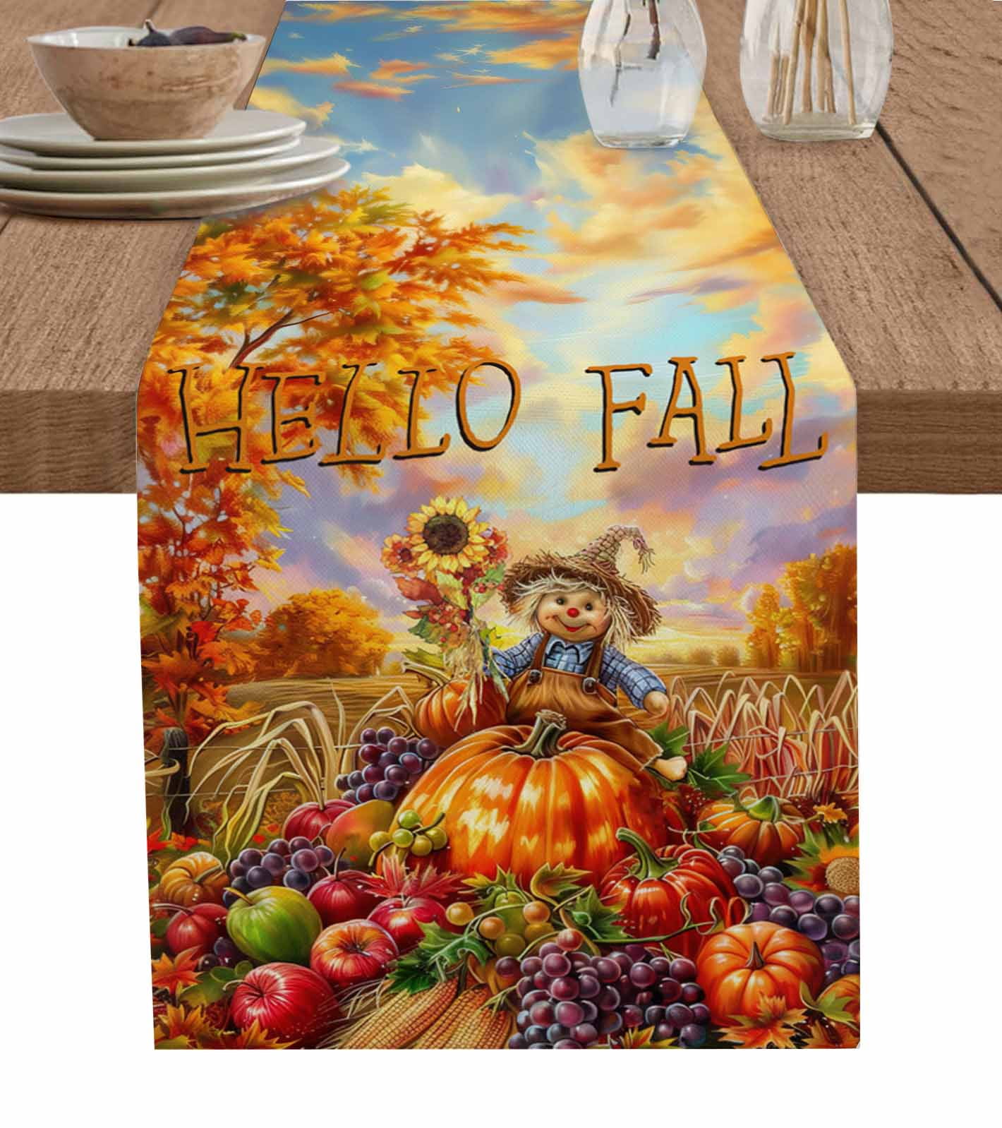 Hello Fall Burlap-Cotton Table Runner 72 Inches Long,Scarecrow Pumpkins ...