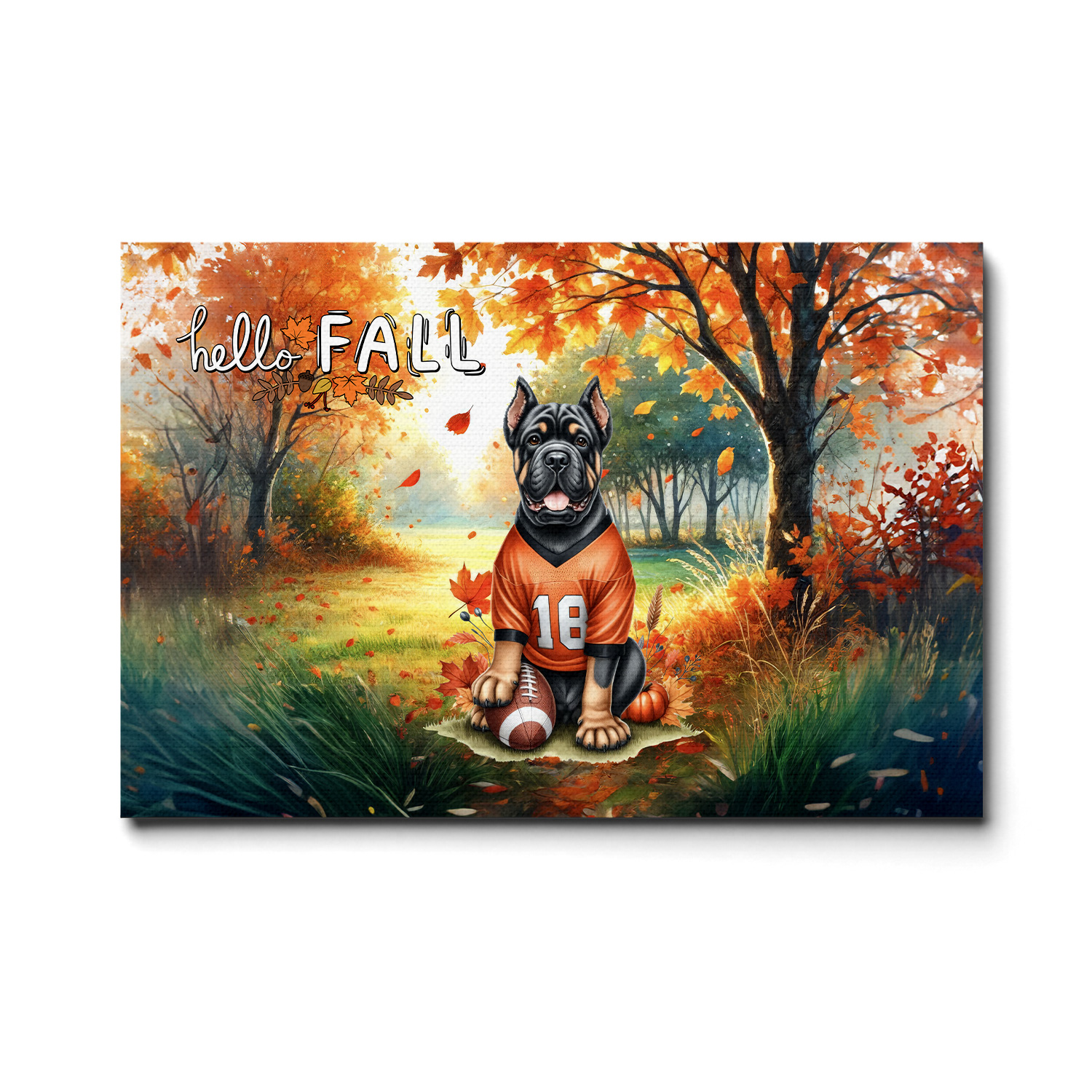 Hello Fall Cane Corso Football Welcome Autumn with Leaves Pumpkins ...