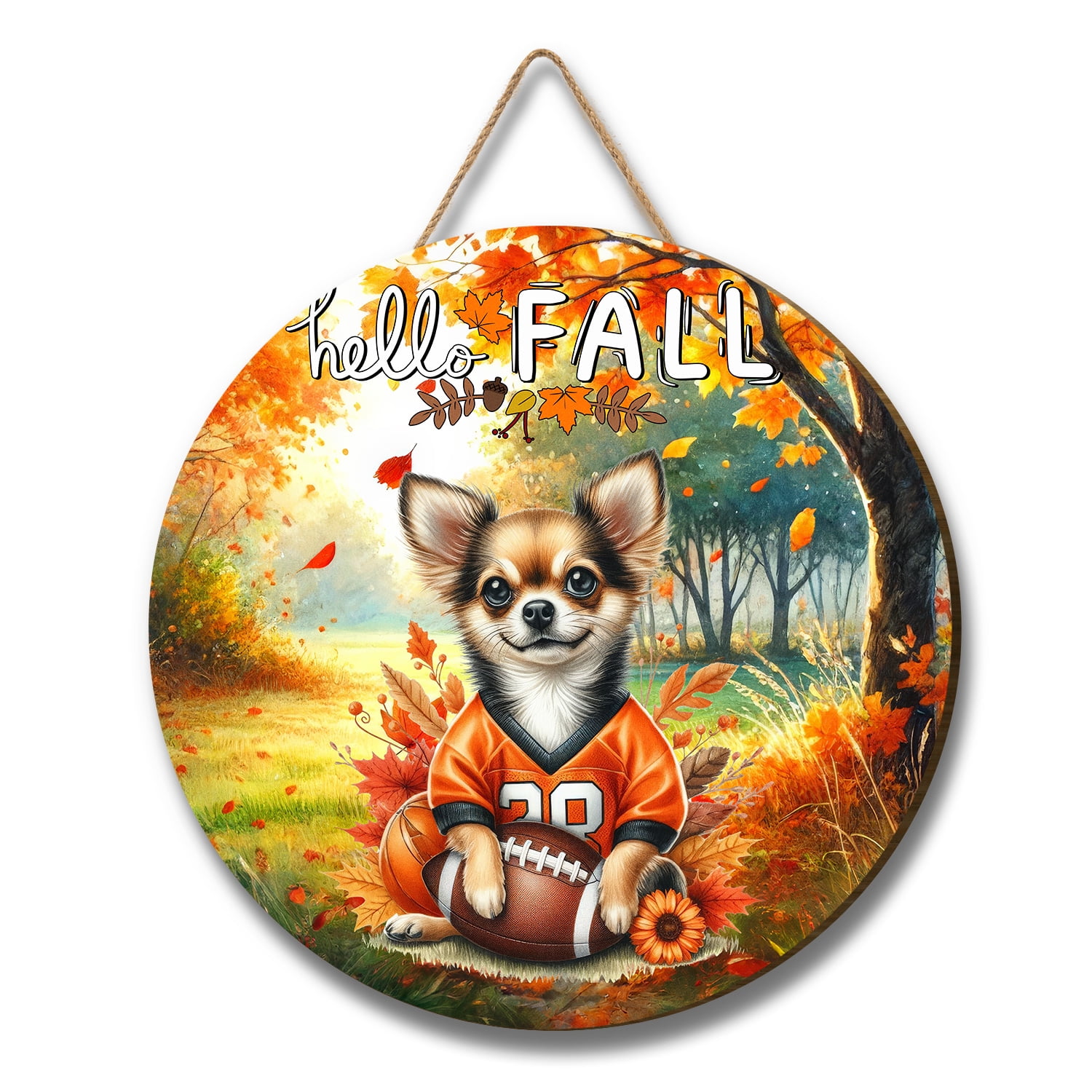 Hello Fall Chihuahua Football Welcome Autumn with Leaves Pumpkins Round ...