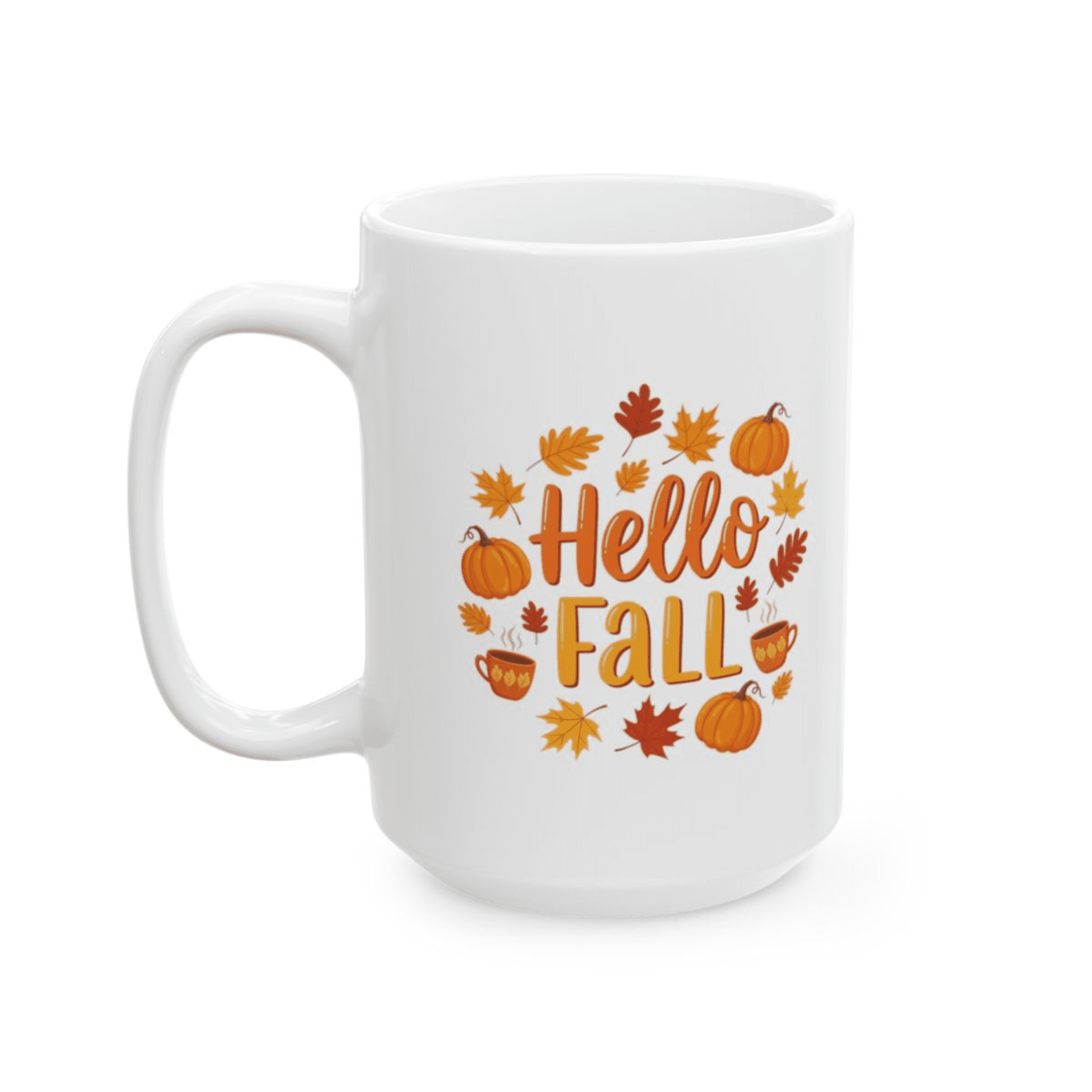 Hello Fall Coffee Mug 15 oz – Autumn Pumpkin & Leaves Design – White ...