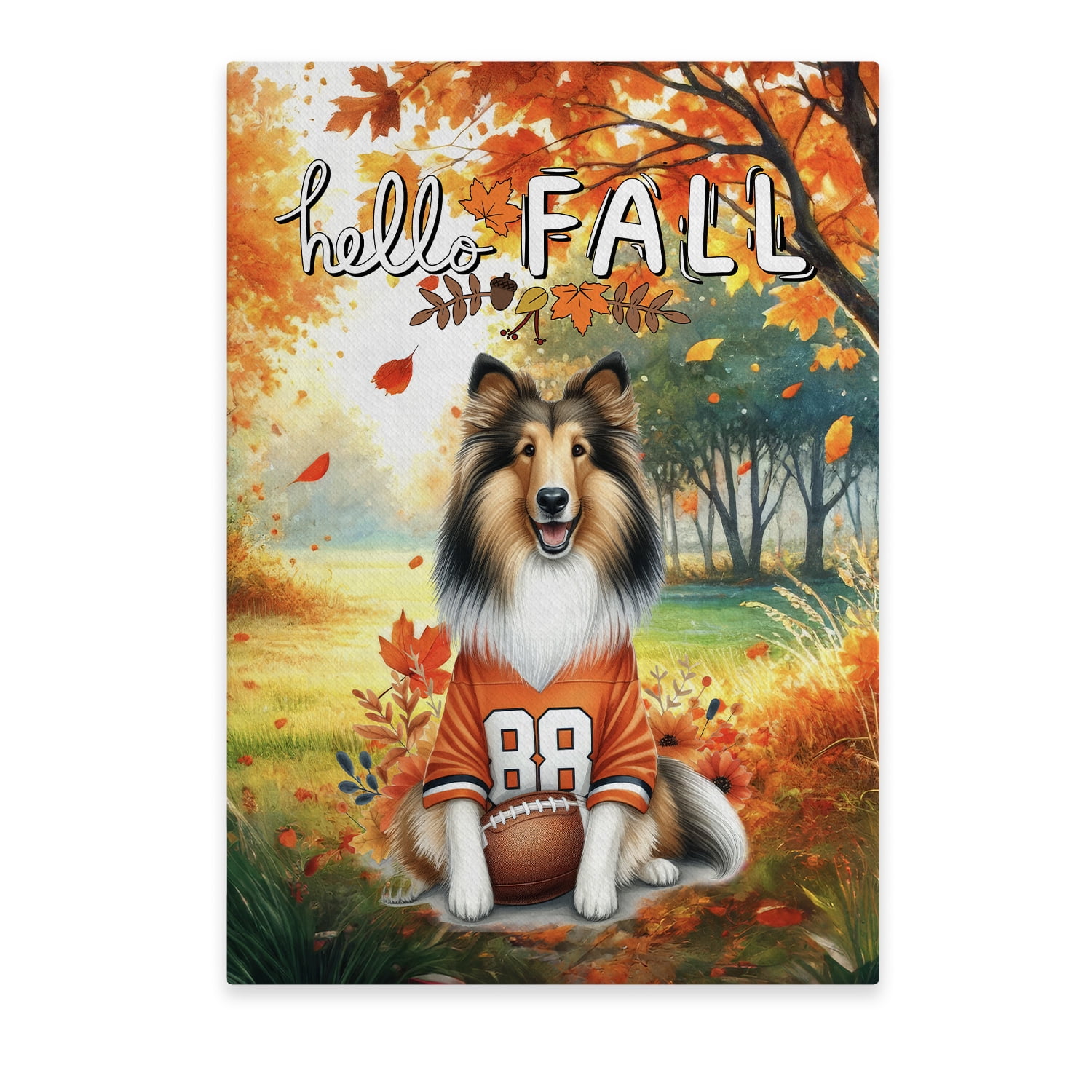 Hello Fall Collie Football Welcome Autumn with Leaves Pumpkins Vertical ...