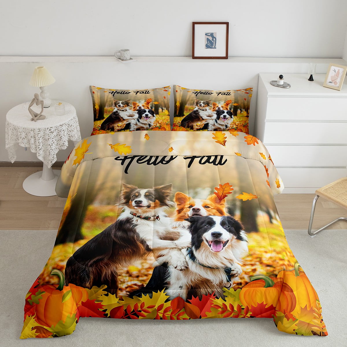 Hello Fall Comforter Set Full Size Thanksgiving Day Gifts Bedding Women ...