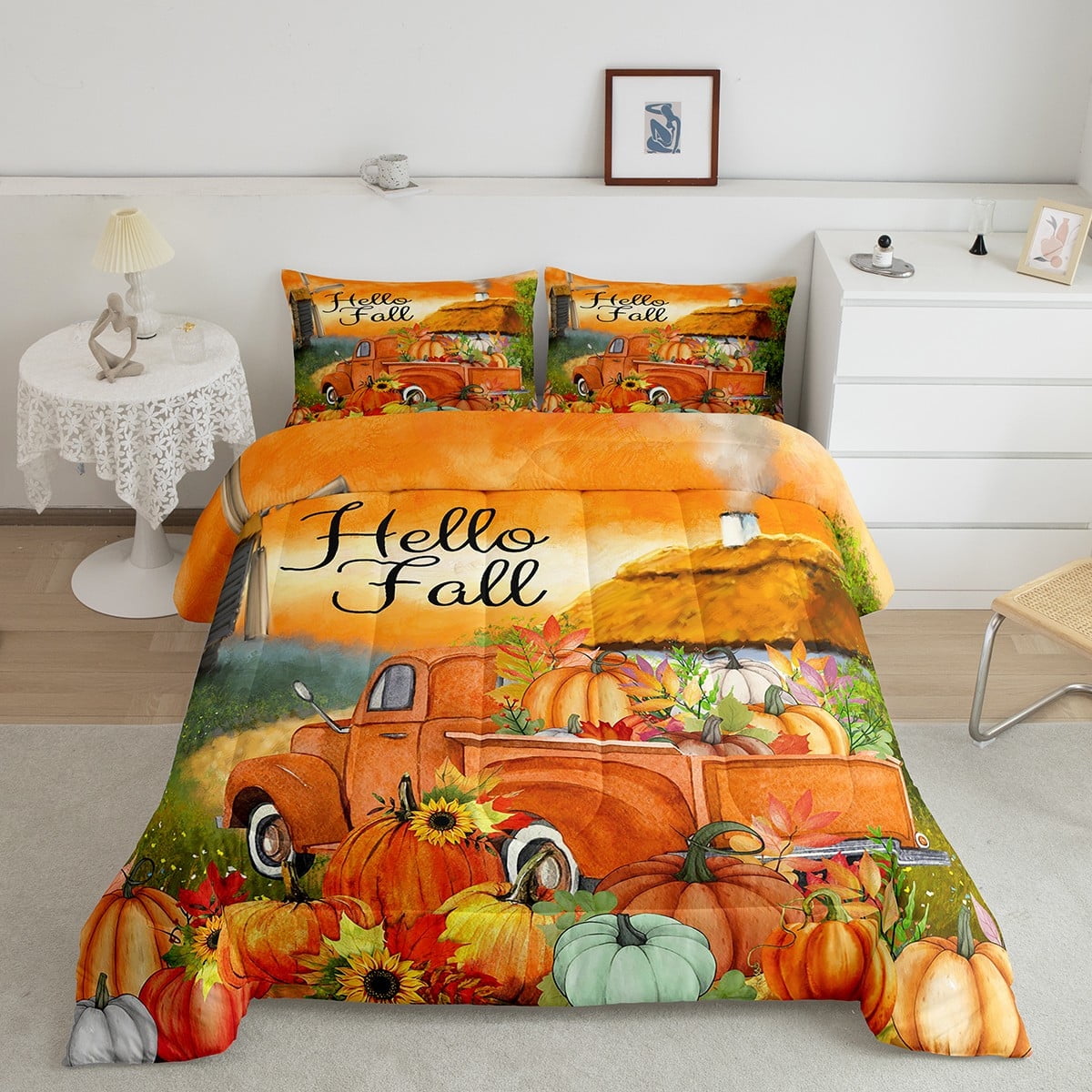 Hello Fall Comforter Set Rustic Farm Maple Leaf Pumpkin Sunflower ...