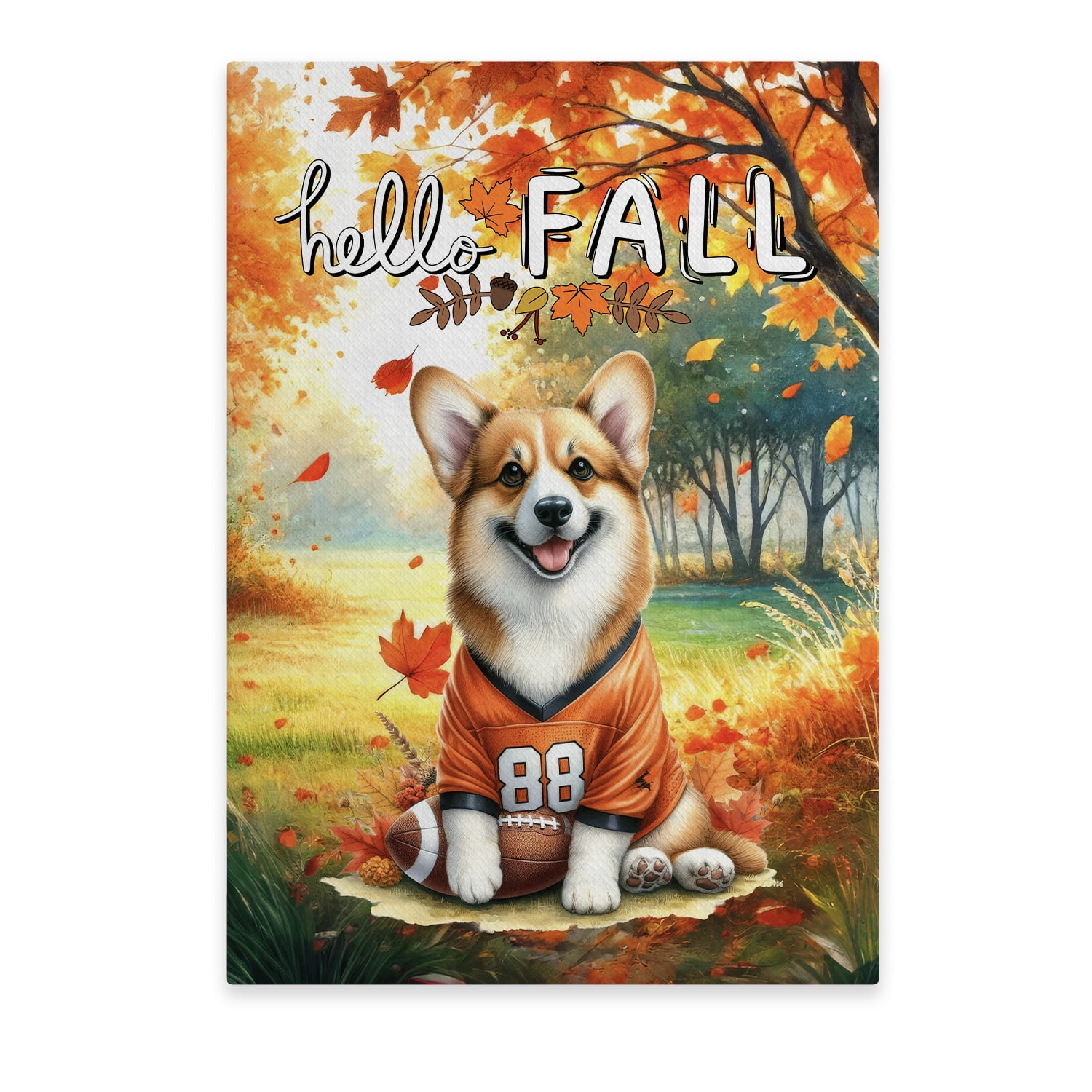 Hello Fall Corgi Football Welcome Autumn with Leaves Pumpkins Vertical ...