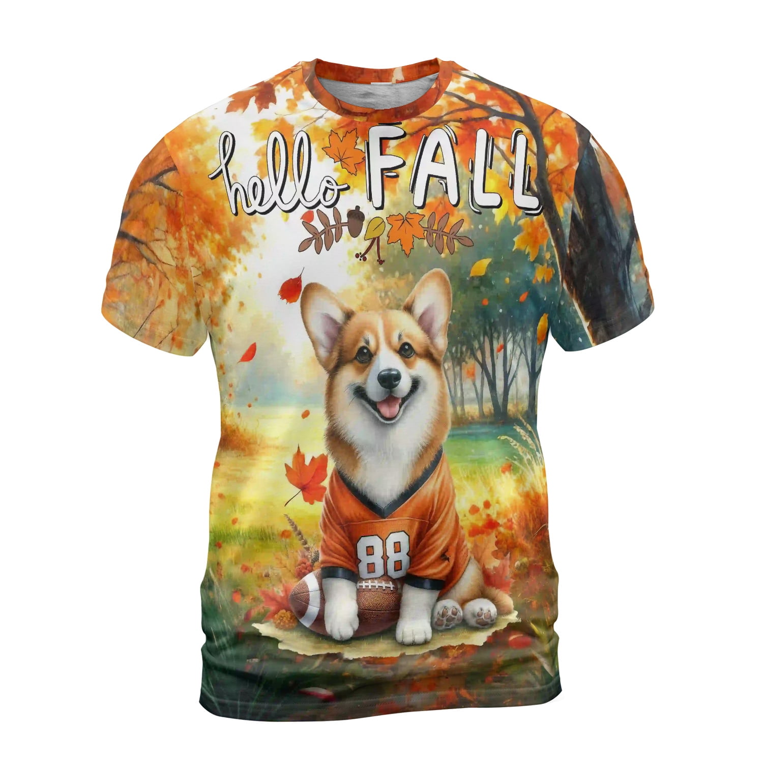 Hello Fall Corgi Football Welcome Autumn with Leaves Pumpkins All Over ...