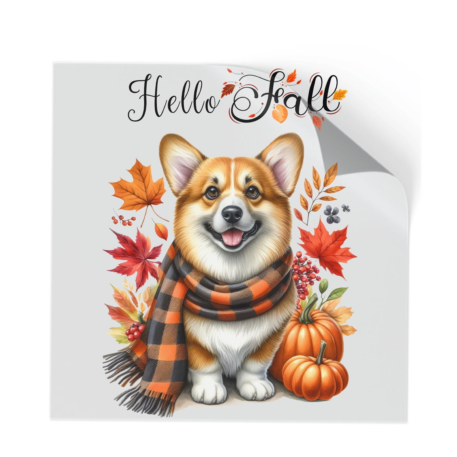 Hello Fall Corgi Scarf Welcome Autumn with Leaves Pumpkins Cutout ...