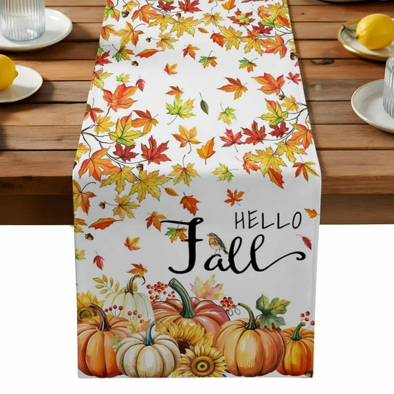Hello Fall Cotton Linen Table Runner for Dining Kitchen, Orange ...