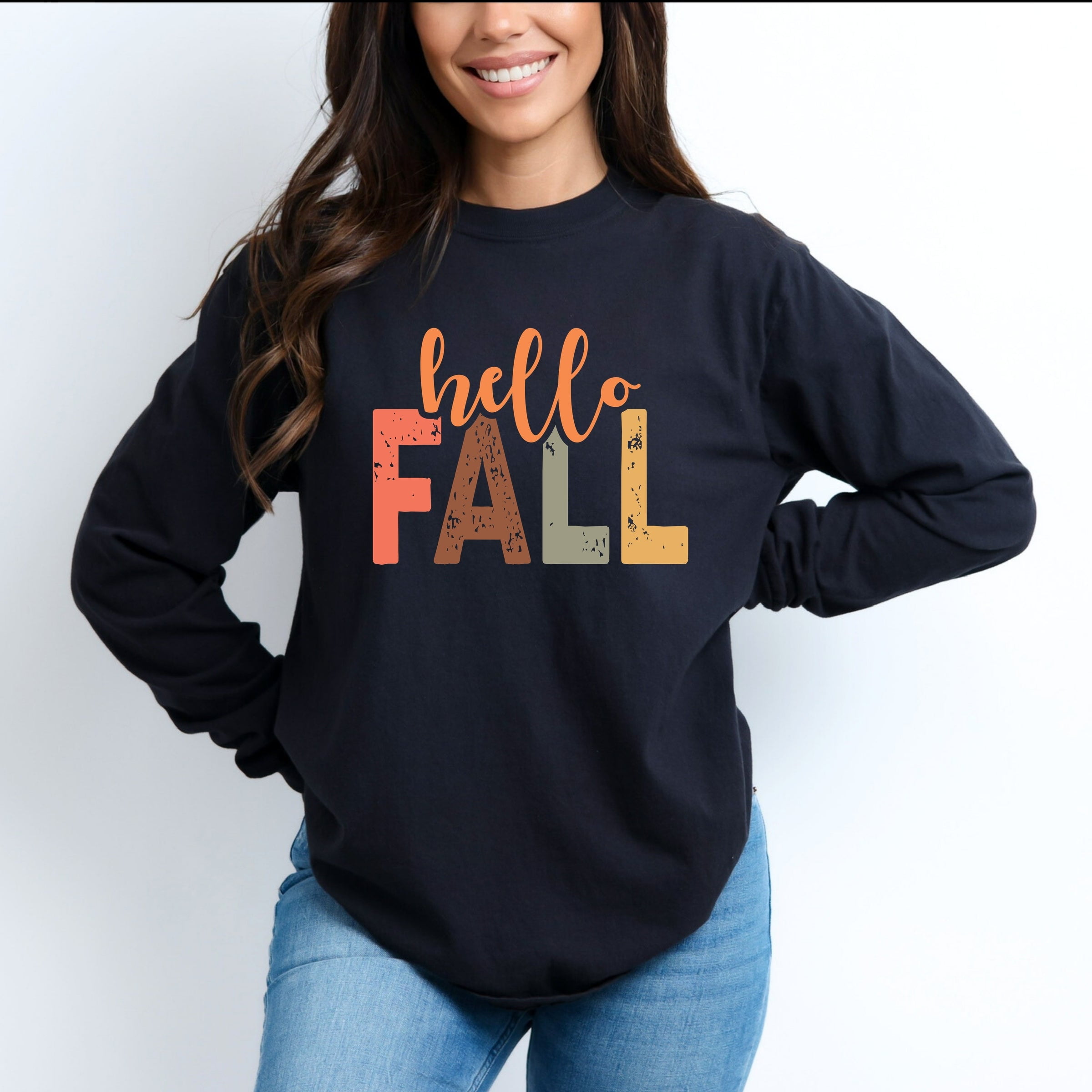 Hello Fall Cursive Block - Women's Garment Dyed Long Sleeve Graphic T ...
