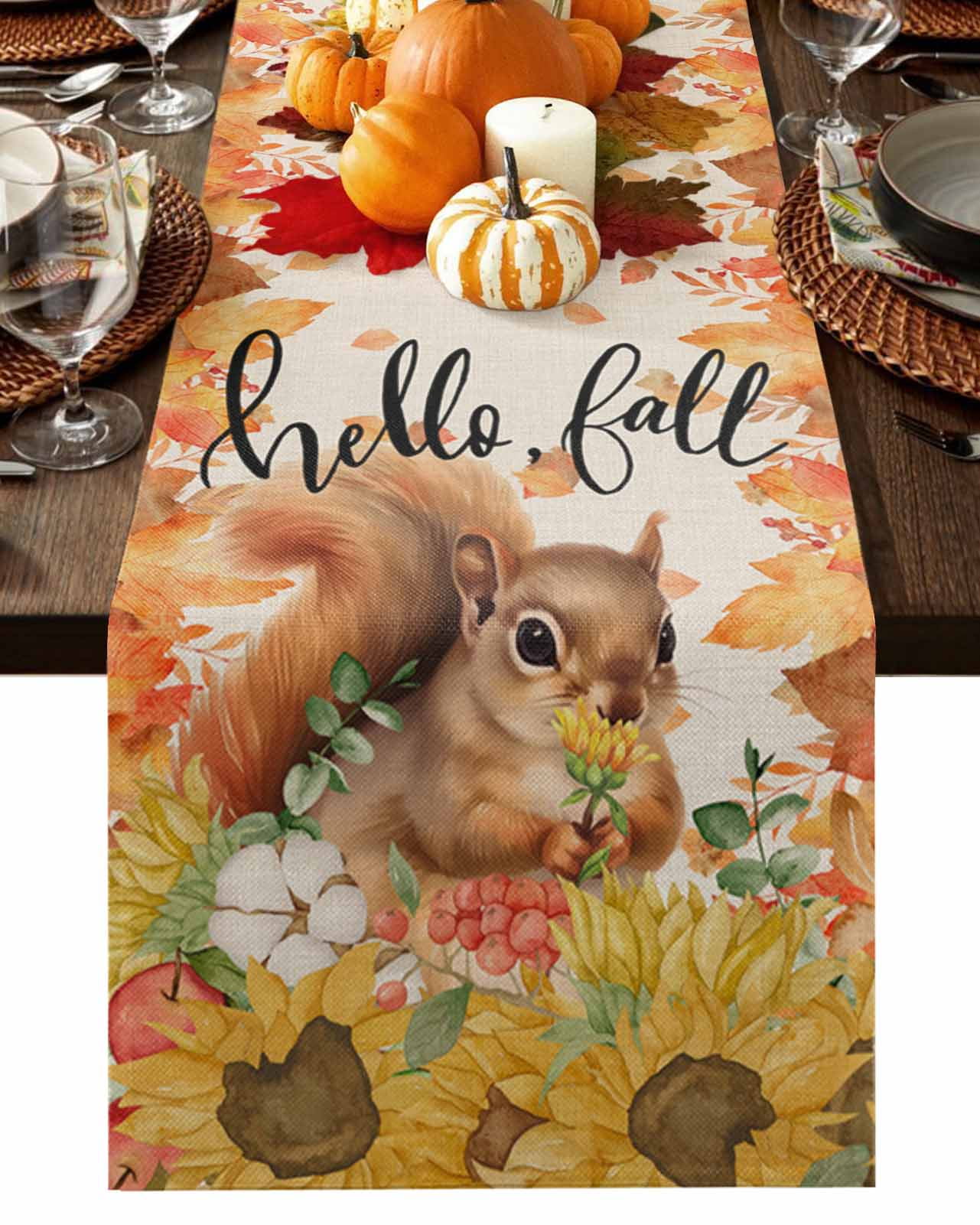 Hello Fall Cute Squirrel Farmhouse Sunflower Floral Table Runner-70 ...