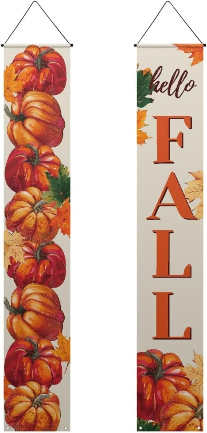 Hello Fall Decor Pumpkin Porch Banners Door Banner 2Pcs Hanging Banner ...