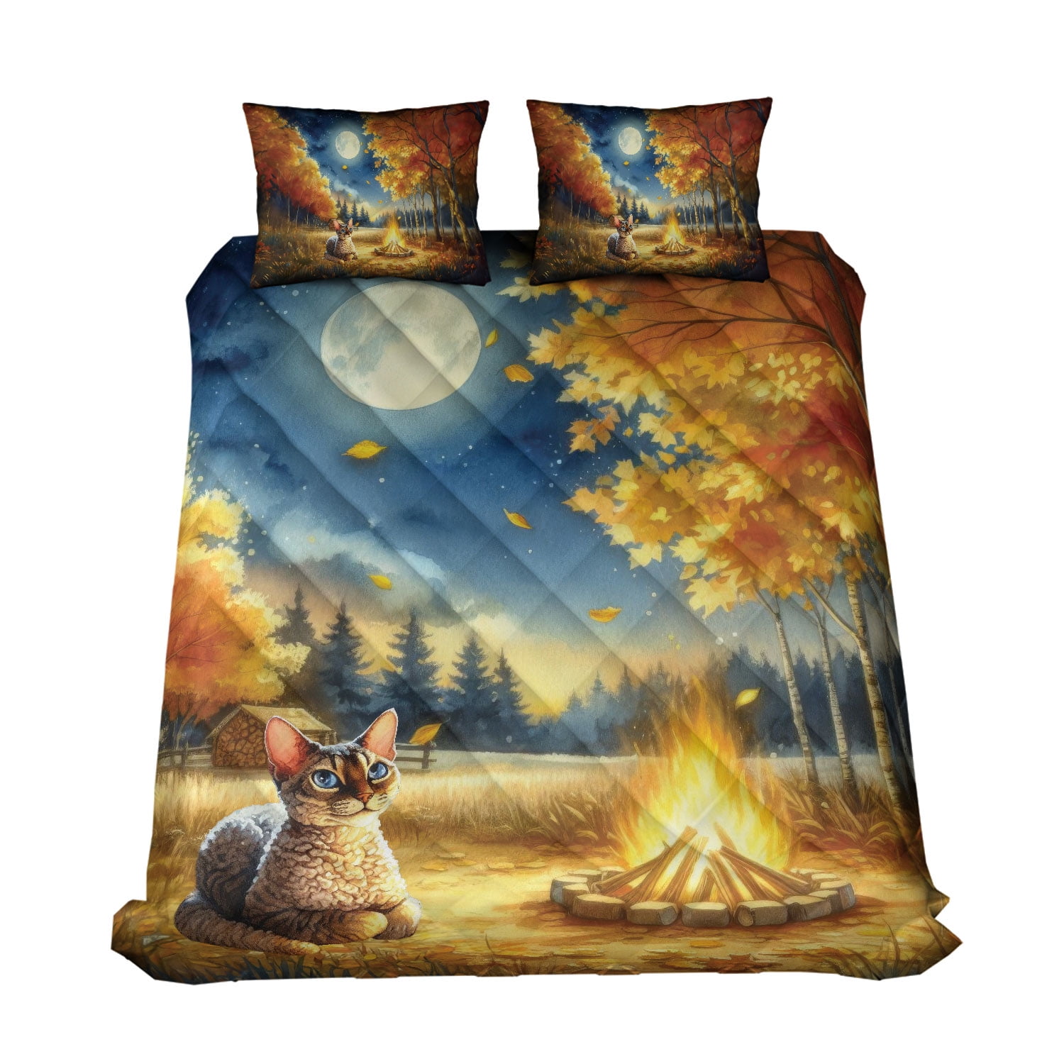 Hello Fall Devon Rex Enjoys Warm Campfire Autumn Night Bright Moon Quilt Bedding Set Cat Lover ...