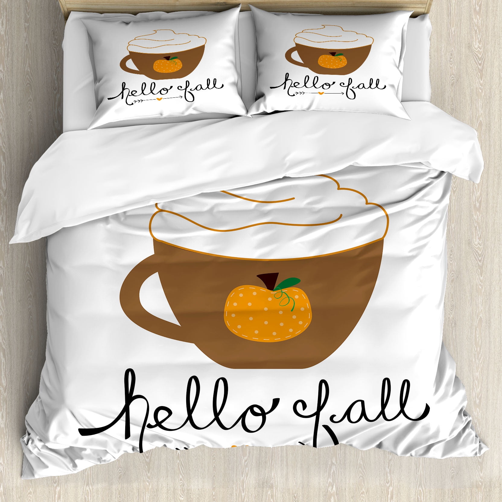 Hello Fall Duvet Cover Set, Autumn Season Related Pumpkin Spice Coffee ...