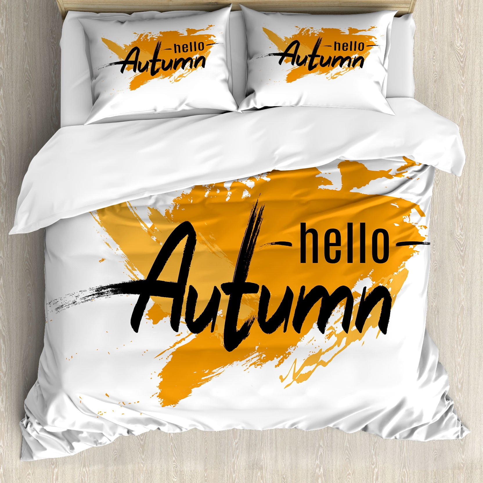 Hello Fall Duvet Cover Set, Greeting Autumn Modern Hand Writing on ...
