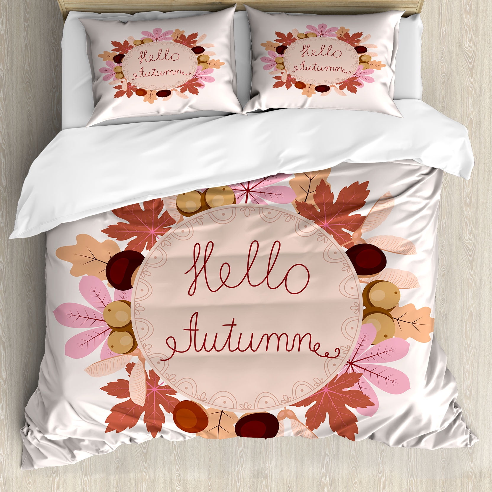 Hello Fall Duvet Cover Set, Soft Pastel Colored Floral Framed Autumn ...
