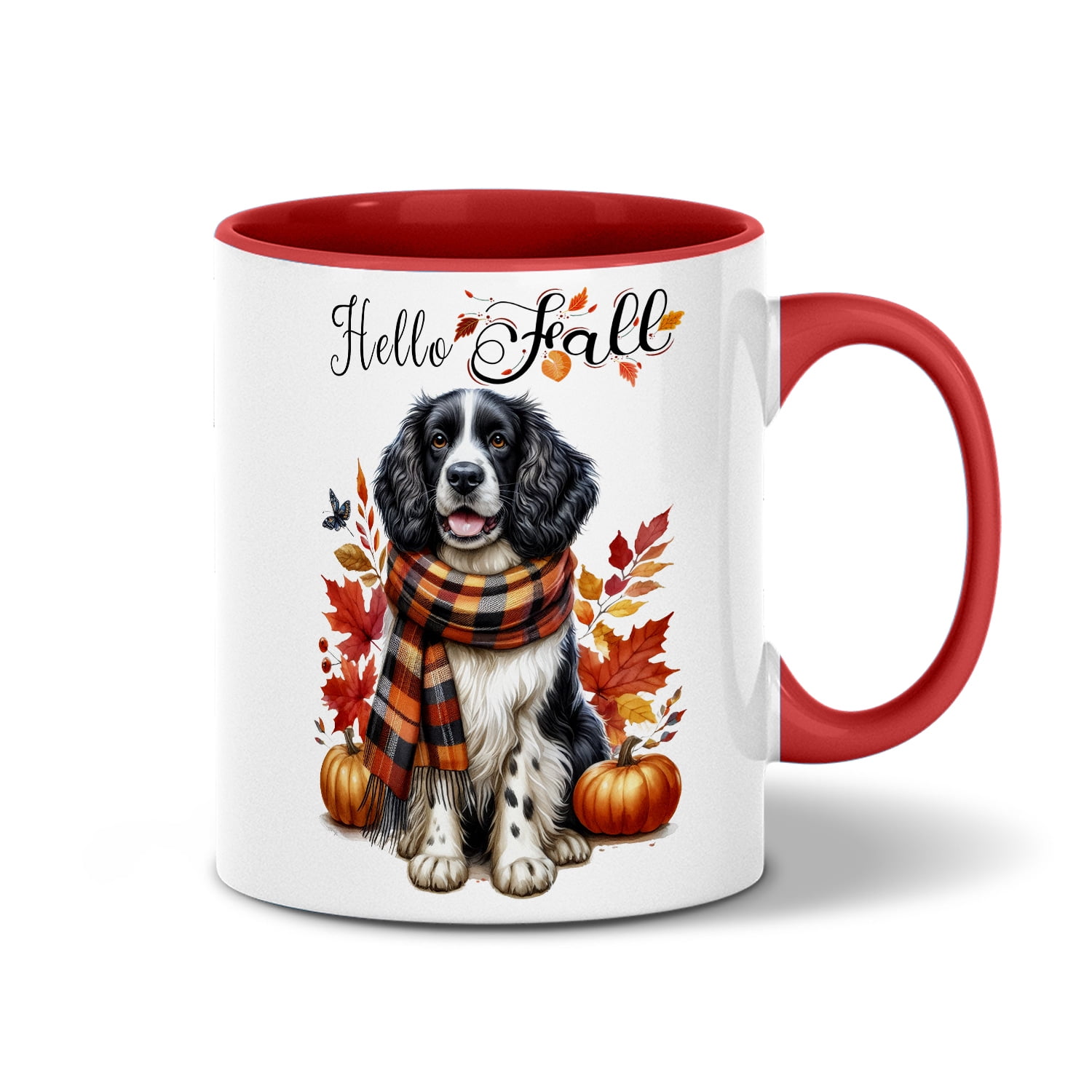 Hello Fall English Springer Spaniel Scarf Welcome Autumn with Leaves Pumpkins 11oz Accent Two ...