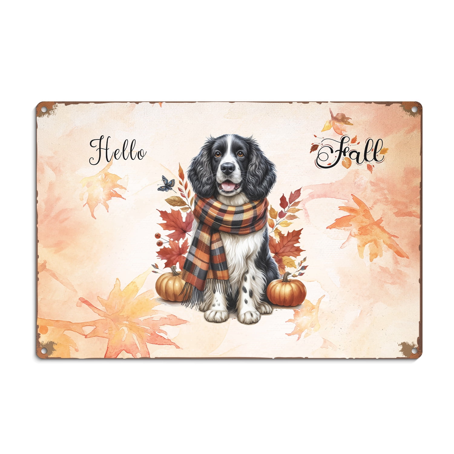 Hello Fall English Springer Spaniel Scarf Welcome Autumn with Leaves Pumpkins Horizontal Metal ...