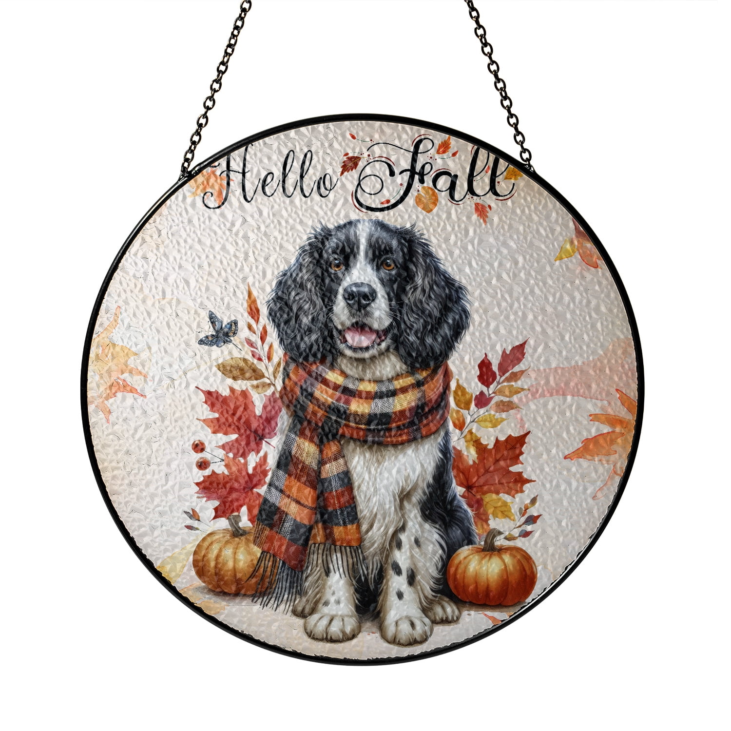 Hello Fall English Springer Spaniel Scarf Welcome Autumn with Leaves Pumpkins Stained Glass ...